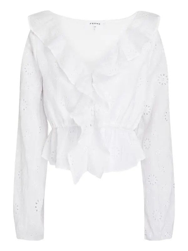 FRAME Ruffled Broderie Anglaise Ramie Blouse - White