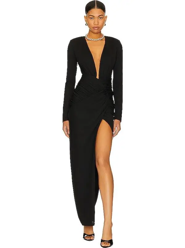NICHOLAS Lura Plunge Neck Long Sleeve Gown - Black