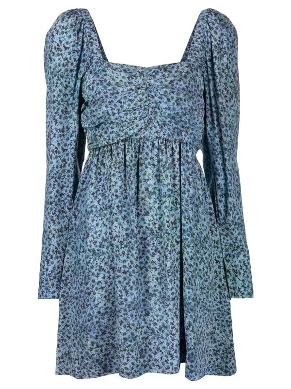 GANNI Daisy-print Crepe Minidress - Blue