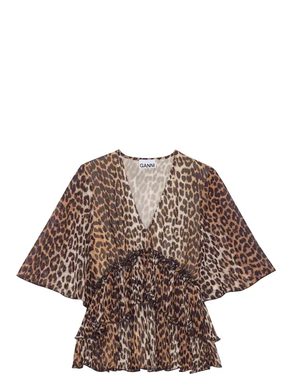 GANNI Leopard-print V-neck Blouse - Brown