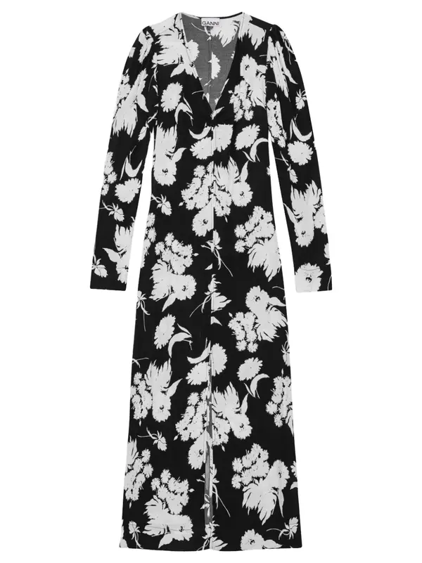 GANNI Floral-print Long-sleeve Midi Dress - Black