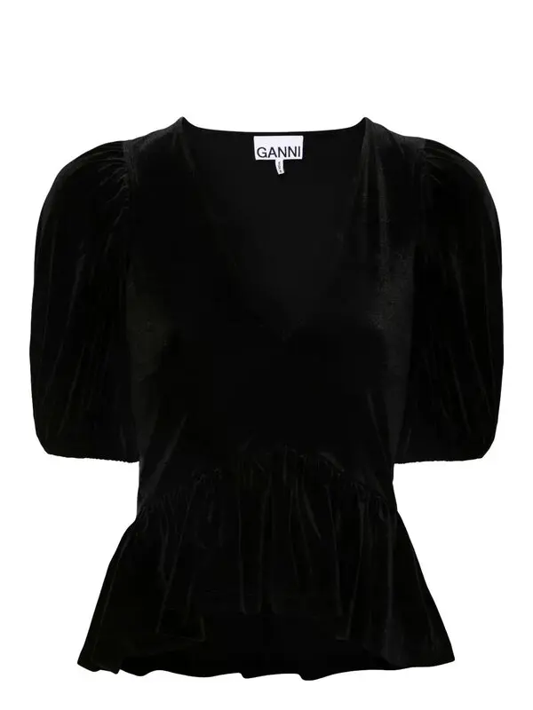 GANNI V-neck Velvet Blouse - Black