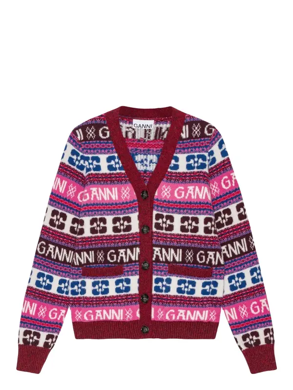 GANNI Intarsia-logo V-neck Cardigan - Red