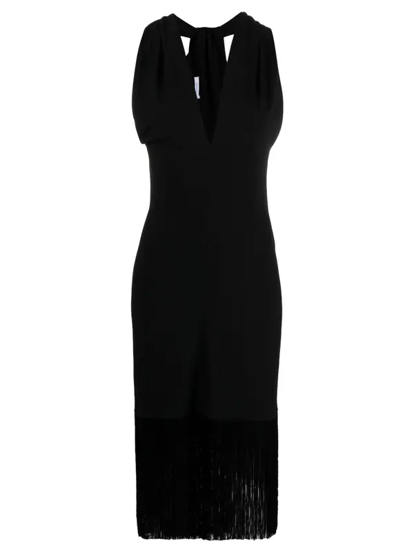 FERRAGAMO V-neck Fringed Midi Dress - Black