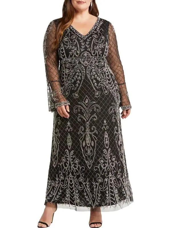 Pisarro Nights Embellished Long Sleeve Gown - Black/silver