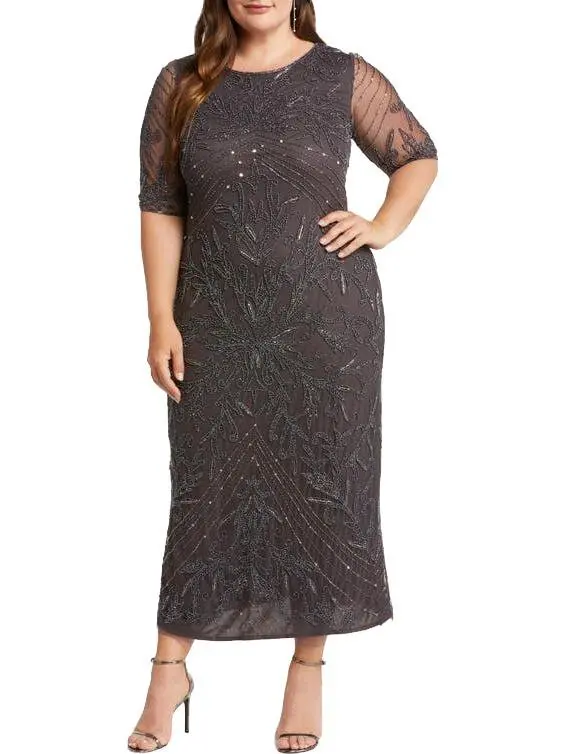 Pisarro Nights Beaded Elbow Sleeve A-line Dress - Slate