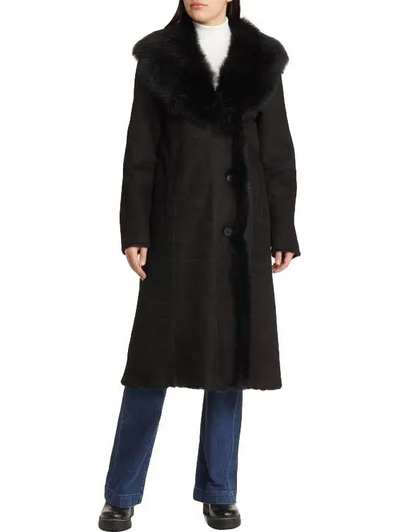 HISO Libra Longline Genuine Shearling Coat - Jet Suede Toscana Rasado