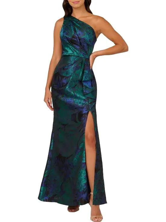 Adrianna Papell One-shoulder Jacquard Gown - Cobalt/ Teal