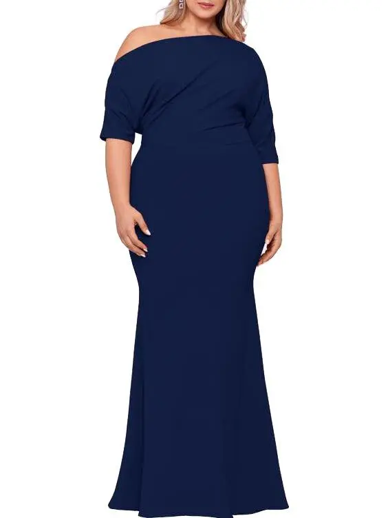 Betsy & Adam One-shoulder Scuba Crepe Gown - Navy