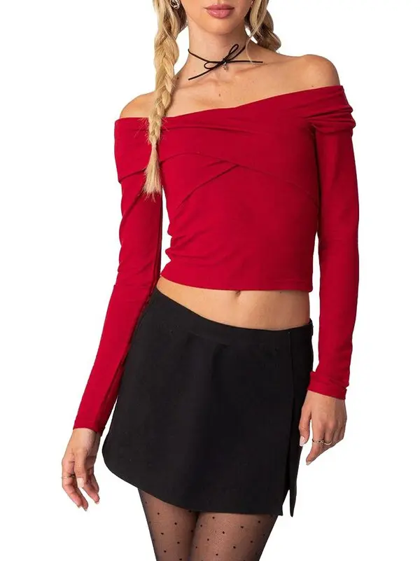 EDIKTED Off-the-shoulder Long-sleeve Crop Top - Red