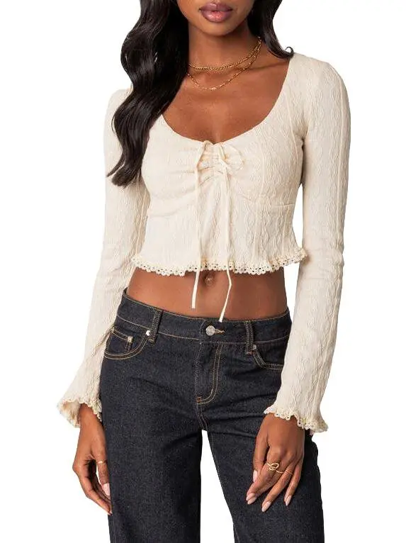 EDIKTED Lacey Long Sleeve Knit Crop Top - Cream