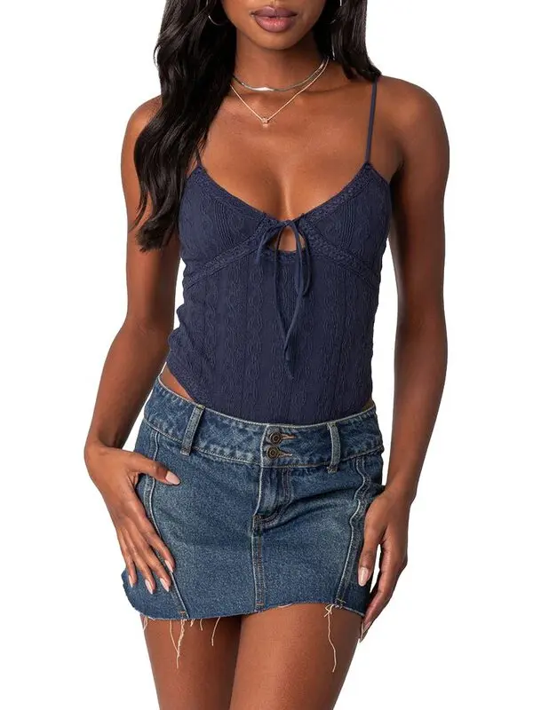 EDIKTED Lacey Keyhole Knit Bodysuit - Navy