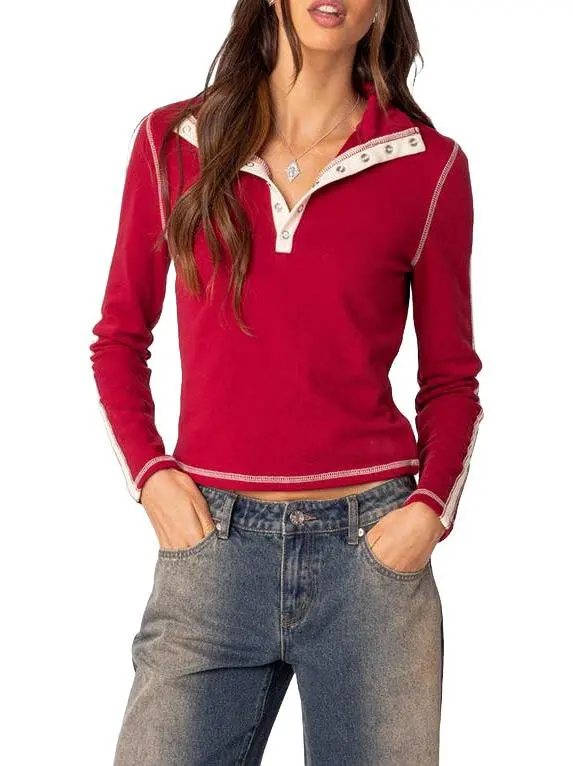 EDIKTED Gio Contrast Stitch Crop Sweatshirt - Red