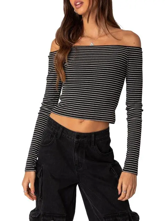 EDIKTED Striped Ribbed Crop Top - Black