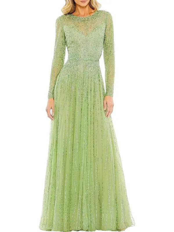 Mac Duggal Sequined Long-sleeve Illusion Gown - Sage