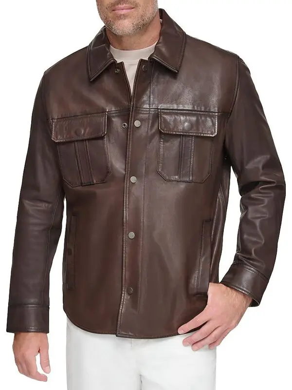 Andrew Marc Mogador Leather Shirt Jacket - Bourbon