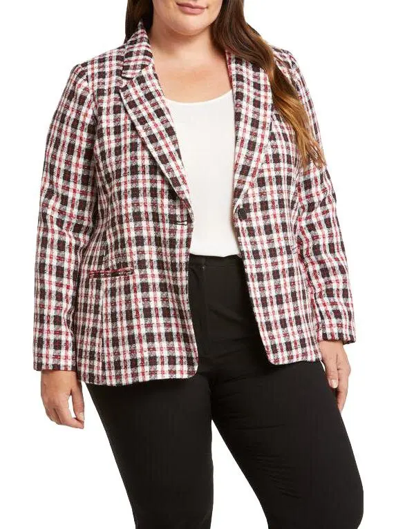 TAHARI ASL Plaid Tweed Blazer - Ivory Black Red