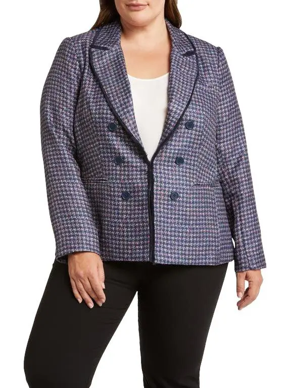 TAHARI ASL Houndstooth Faux Double Breasted Blazer - Navy/ Pink/ Violet