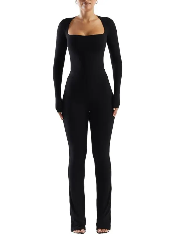 Naked Wardrobe Squared Away Long Sleeve Thong Bodysuit - Black