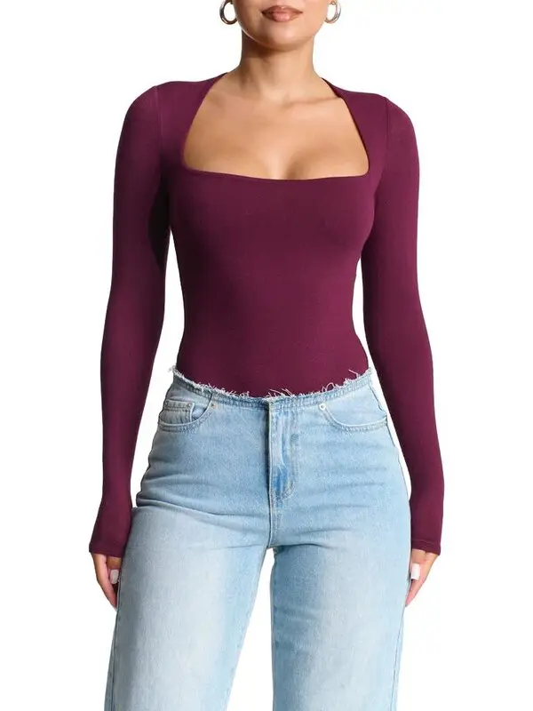 Naked Wardrobe Squared Away Long Sleeve Thong Bodysuit - Dark Plum