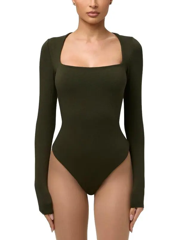 Naked Wardrobe Squared Away Long Sleeve Thong Bodysuit - Olive