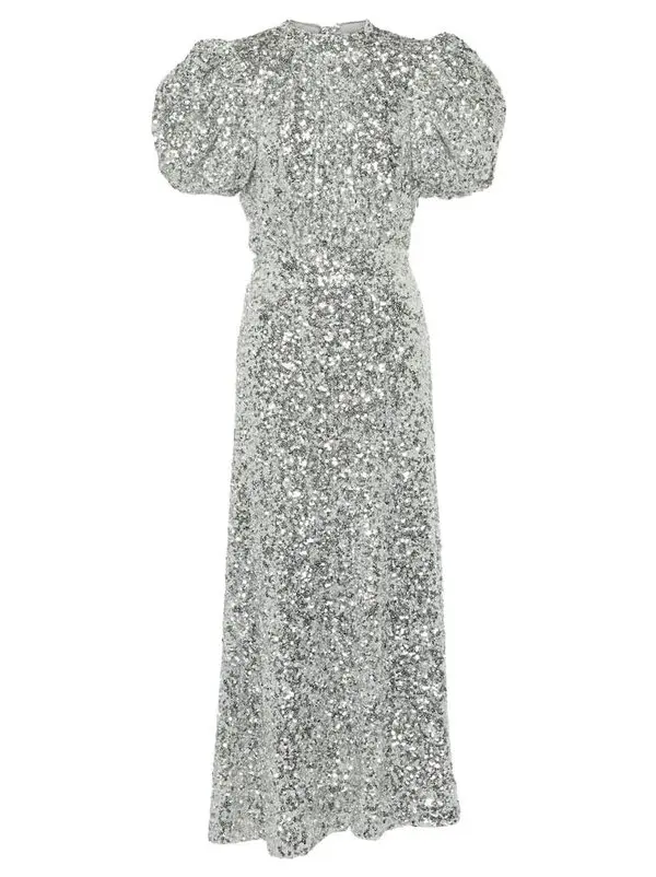 ROTATE BY BIRGER CHRISTENSEN Puff-sleeve Sequined Midi Dress - Silver