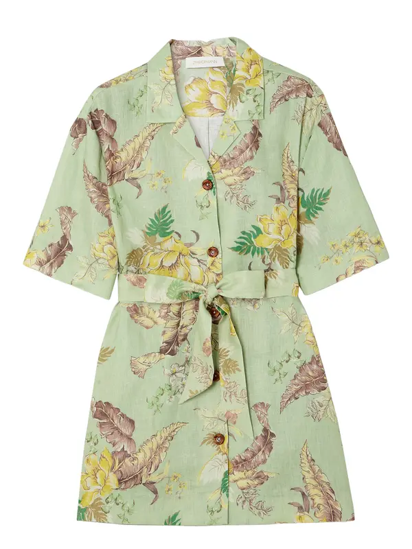 Zimmermann Matchmaker Belted Floral-print Linen Shirt - Green