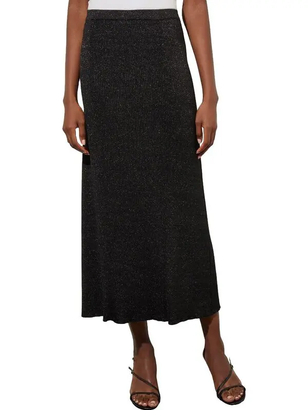 Ming Wang Shimmer Rib Knit Midi Skirt - Black/silver