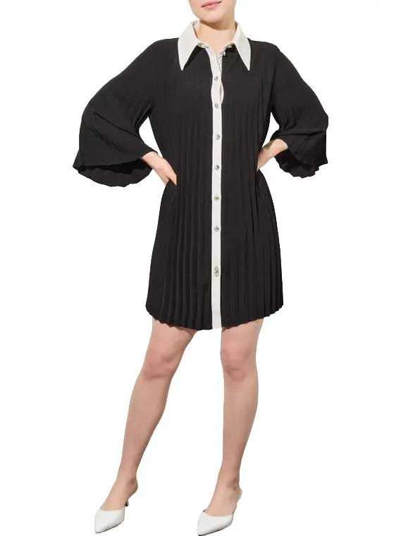 Ming Wang Pleated Mini Shirtdress - Black/ White