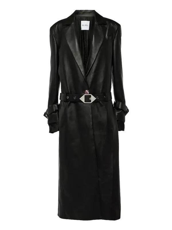Attico Belted Leather Coat - Black