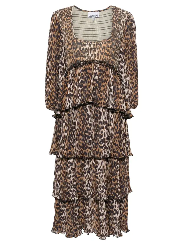GANNI Leopard-print Tiered Midi Dress - Brown