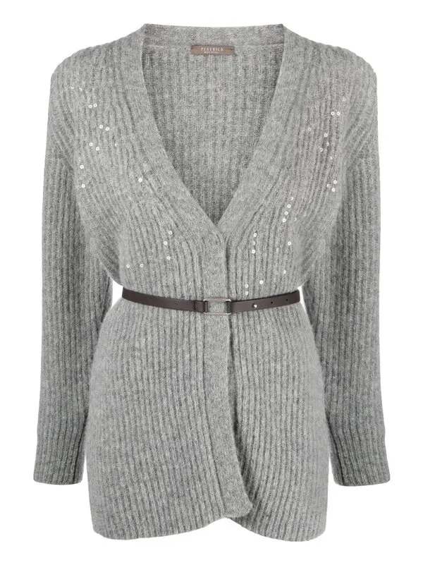 Peserico Sequin-embellished Belted Cardigan - Grey