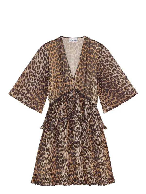GANNI Leopard-print Georgette Minidress - Brown