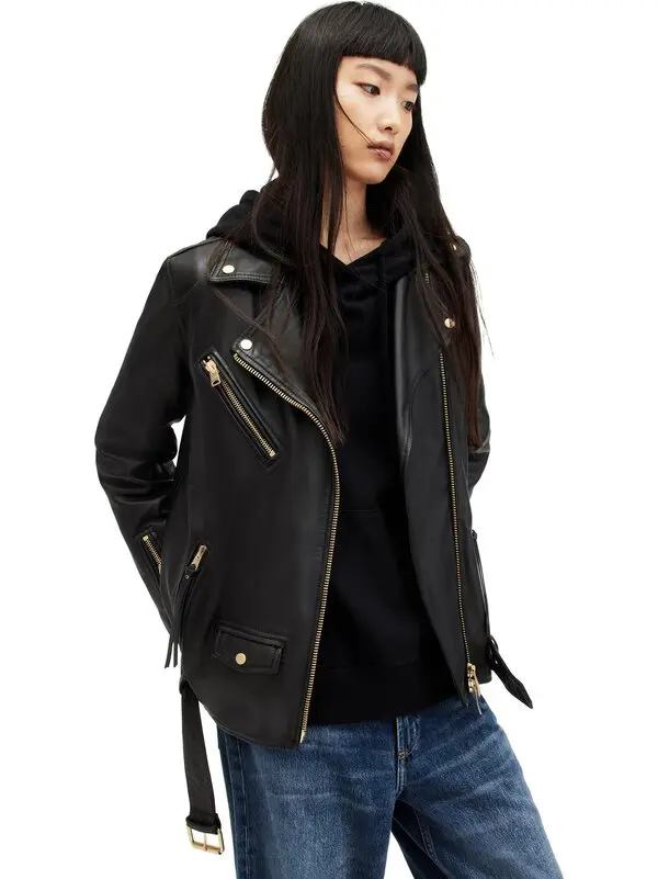 ALLSAINTS Billie Oversized Leather Biker Jacket With Stud Detail - Black