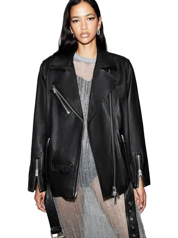 ALLSAINTS Billie Oversized Leather Biker Jacket With Stud Detail - Black