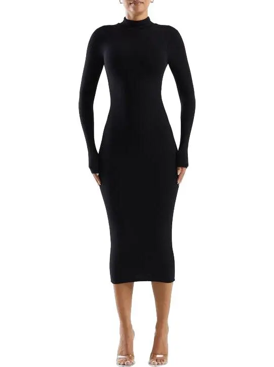 Naked Wardrobe Mock Neck Long Sleeve Body-con Midi Dress - Black