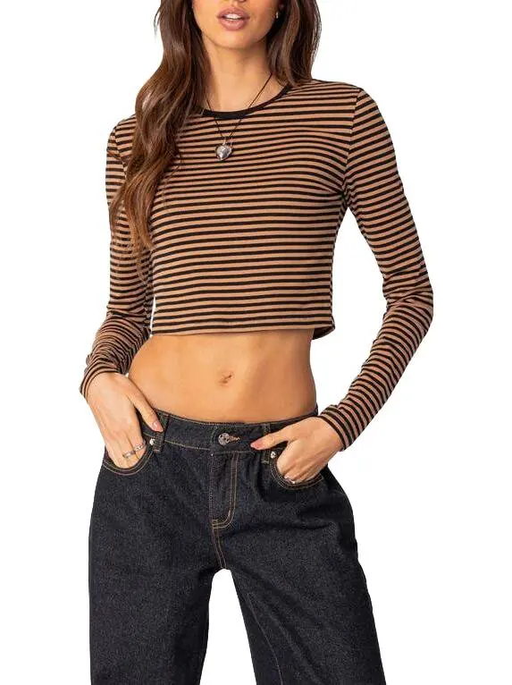 EDIKTED Montie Stripe Long Sleeve Stretch Cotton Crop Top - Brown