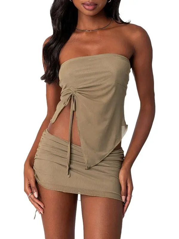EDIKTED Joy Asymmetric Mesh Tube Top - Olive