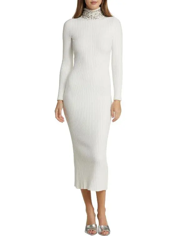 Bebe Crystal Neck Long Sleeve Rib Midi Dress - White