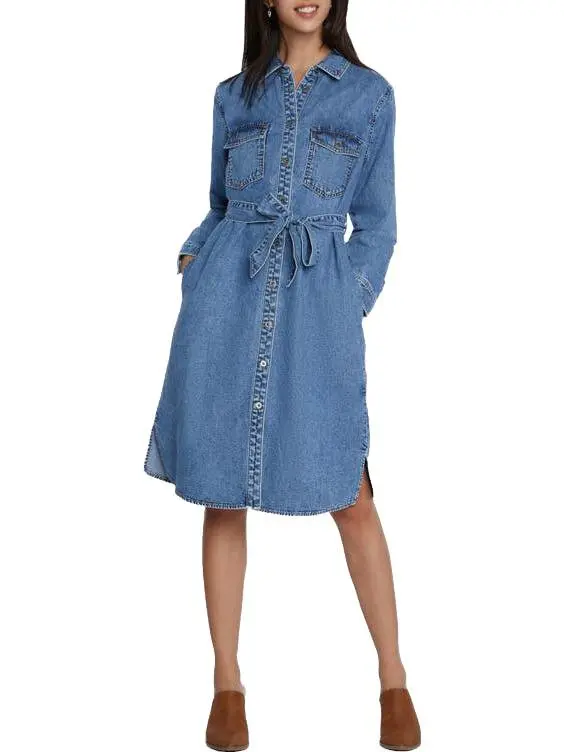 WASH LAB DENIM Chloe Long Sleeve Belted Shirt Dress - Blue Cloud