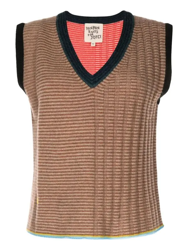 YANYAN Striped V-neck Knitted Top - Brown