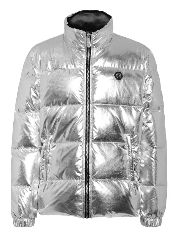 Philipp Plein Logo-embroidered Metallic Padded Jacket - Silver