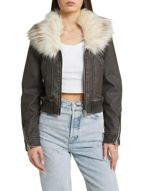 Blanknyc Faux Leather Bomber Jacket With Faux Fur Collar - Moonlight
