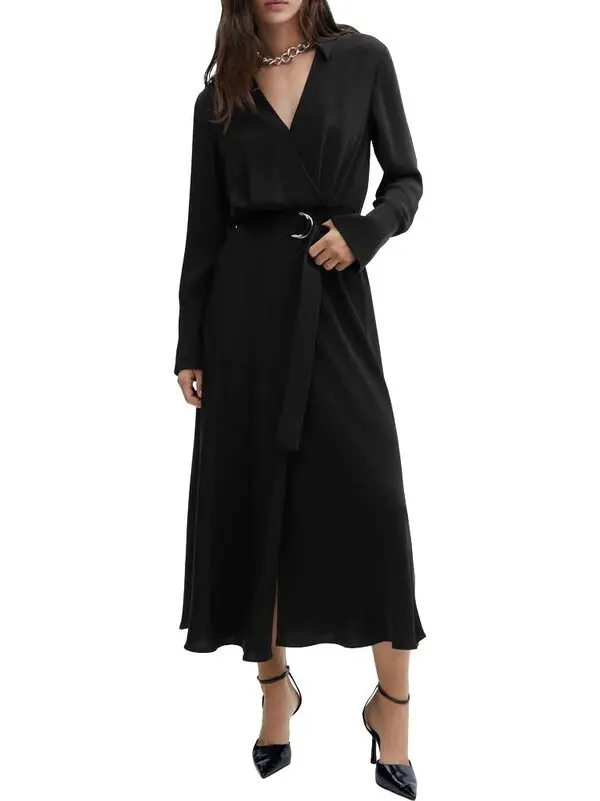 Mango Long Sleeve Wrap Maxi Shirtdress - Black