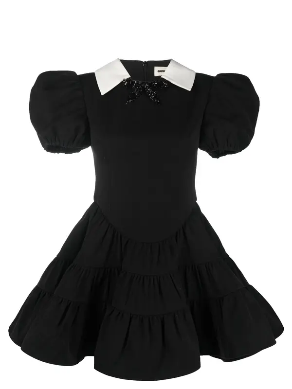 SHUSHU/TONG Puff Sleeve Tiered Mini Dress - Black