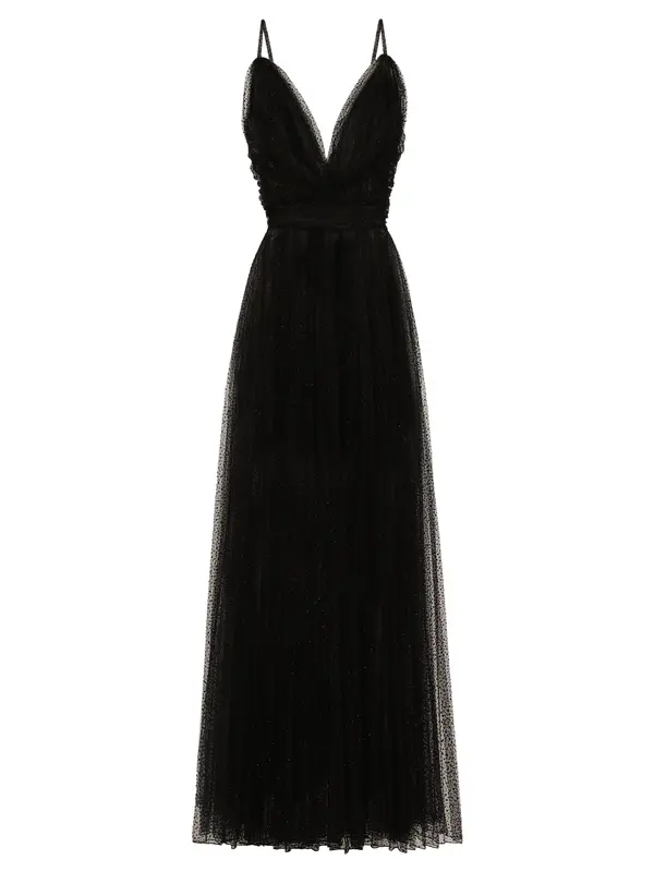 Dolce & Gabbana Long Flocked Lurex Tulle Dress - Black