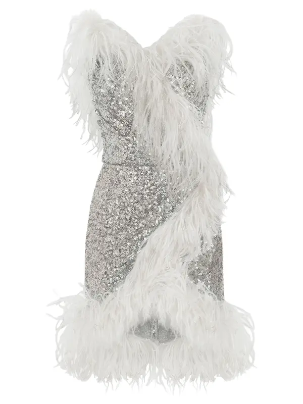 Dolce & Gabbana Sequined Wrap Dress With Feather Trims - Silver