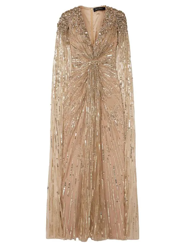 Jenny Packham Lotus Cape-effect Embellished Sequined Tulle Gown - Gold