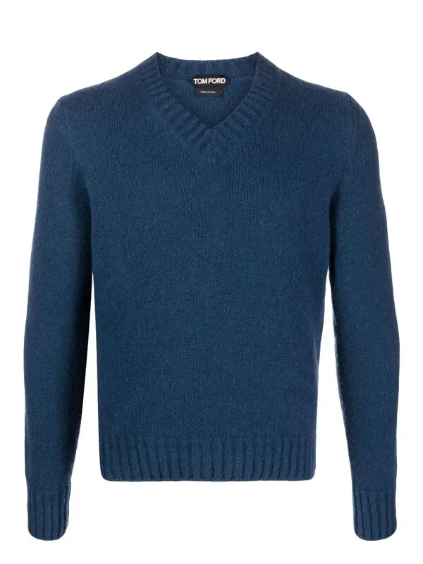 TOM FORD Ribbed-knit V-neck Jumper - Blue