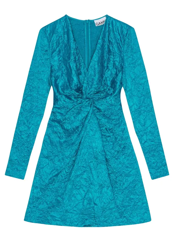 GANNI Crinkled Satin Mini Dress - Blue